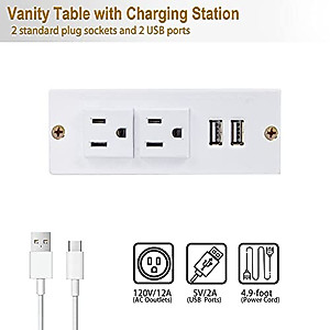 YAMISSI Vanity Desk with Mirror and Lights, USB Charging Station Vanity Table Set with Cushion Stool, Hollywood Dressing Table with 6 Storage Drawers, 3 Colors LED Bulbs for Grils and Women