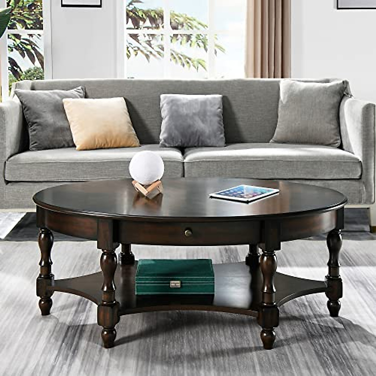 MODERION Coffee Table with Drawer, Solid Wood Oval Center Table with Storage Shelf, Traditional Living Room Table with Elegant Vintage Style, Easy Assembly, 45” x 27.6” x 18.2” Retro Walnut KFZ2233DC
