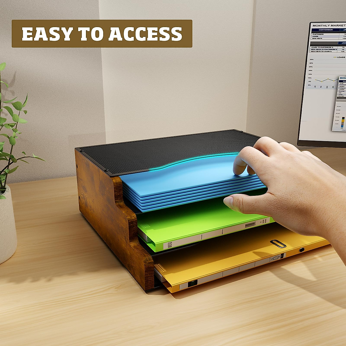 3-Tier Ladder File Organizer, Desk File Organizer with Retro MDF+ Black Metal Frame, Wall Paper Letter Tray Organizer, Wall File Storage Rack, Mesh Desktop Organizers and Accessories for Home Office