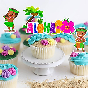 32pcs Hawaii Luau Cupcake Toppers Decoration Hawaiian Tropical Party Cupcake Toppers with Flamingo Pineapple Palm Leaves Tiki for Aloha Summer Party Supplies