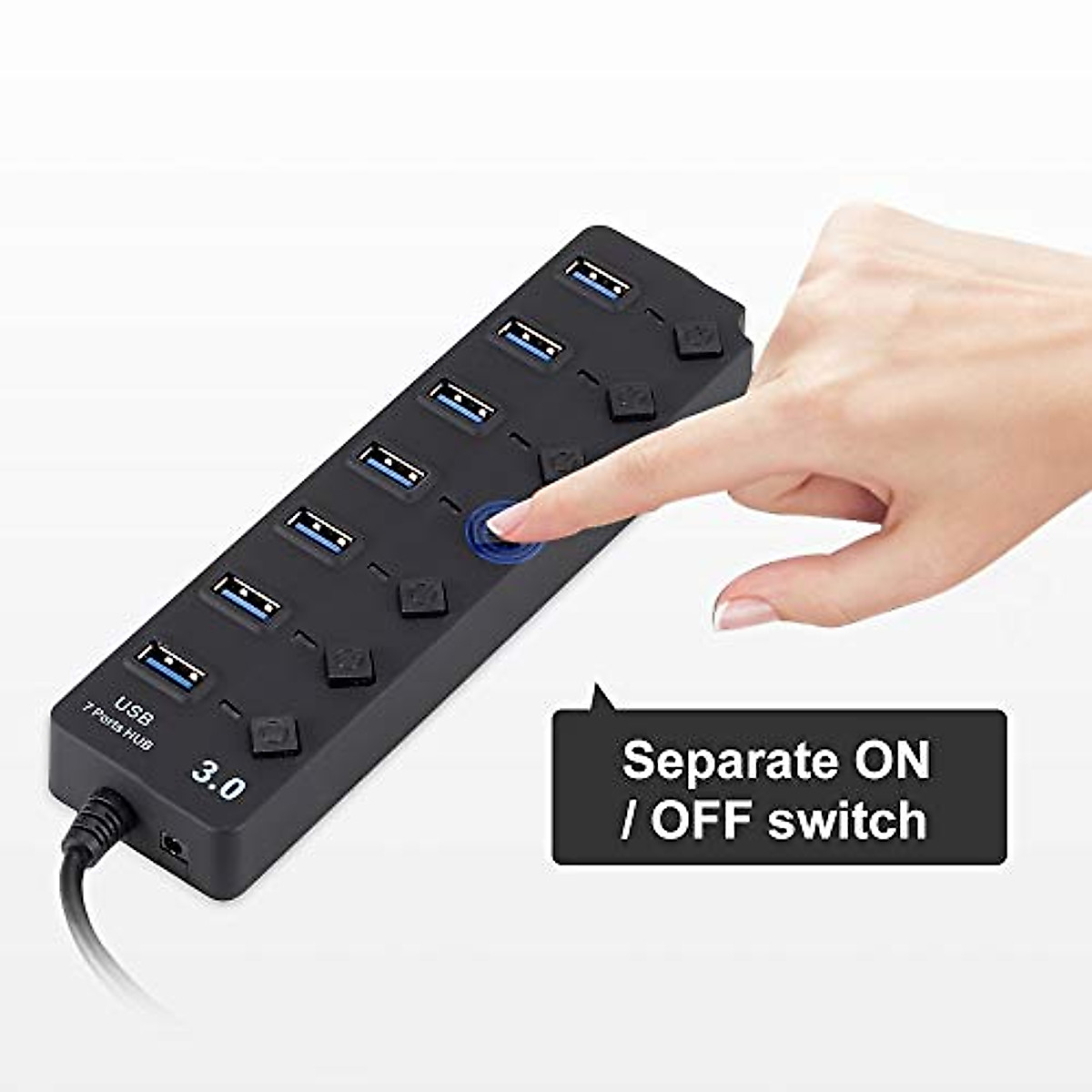 Lysee USB Cables - USB 3.0 HUB Splitter 7 Ports w/ On/Off Switches Plug and Play High Speed 5Gbps Micro Multiple USB Port Expander for PC Computer - (Length: < =0.5m)