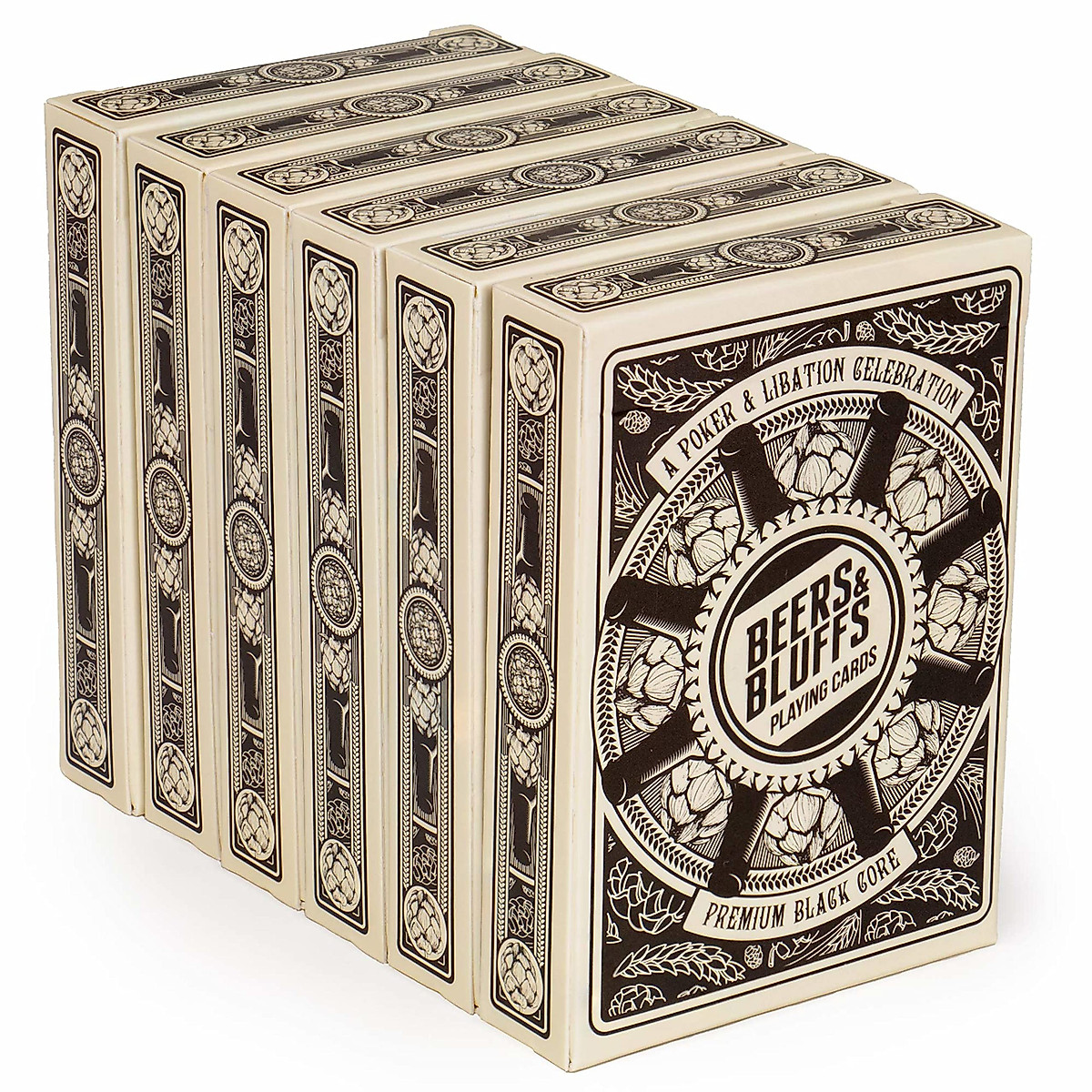 6 Decks Beers & Bluffs Craft Beer Themed Playing Cards | Cream Playing Cards with Custom Hop and Beer Bottle Card Art | Plastic-Coated 310gsm Black Core, Standard Index, Poker Size