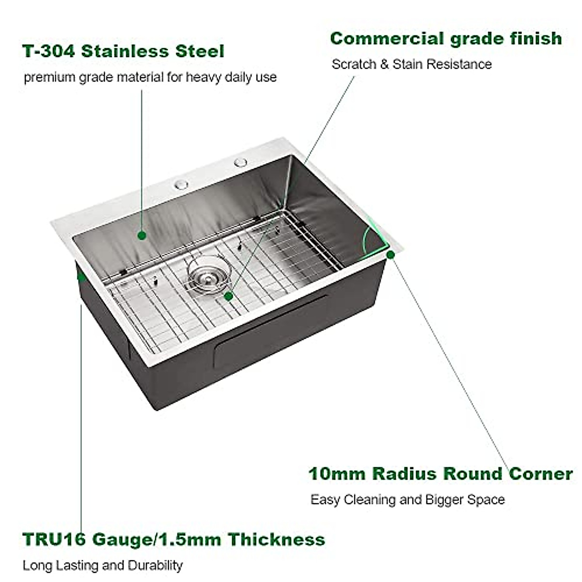 33 Kitchen Sink Drop In - Sarlai 33 x 22 Inch Kitchen Sink Topmount 16 Gauge Stainless Steel Deep Single Bowl Above Counter Kitchen Sinks Basin