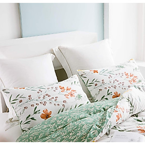 SLEEPBELLA Duvet Cover Set 600 Thread Count Cotton Bedding Set (Twin, White&Green Floral)