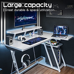 MOTPK Gaming Desk L Shaped, Small Corner Desk with Storage Shelf & Power Outlets, Computer Desk with Monitor Shelf, L Shaped Desk with Carbon Fiber Surface, Gamer Desk Gaming Table, White, 47 Inch