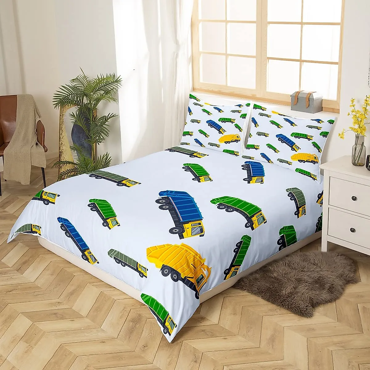 Feelyou Cute Garbage Truck Duvet Cover Cartoon Car Bedding Set Equipment Trucks Comforter Cover for Boys Girls Rubbish Trucks Bedspread Cover Vehicle Car Twin Size with 1 Pillow Case (No Comforter)
