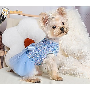 Dog Sweater Dress for Small Dogs Girl Fall Winter Fleece Warm Puppy Dresses Clothes Outfit Apparel Cute Sequins Bowknot Pet Skirt for Cats Holiday Doggie Wedding Dress Coats (X-Small, Blue)