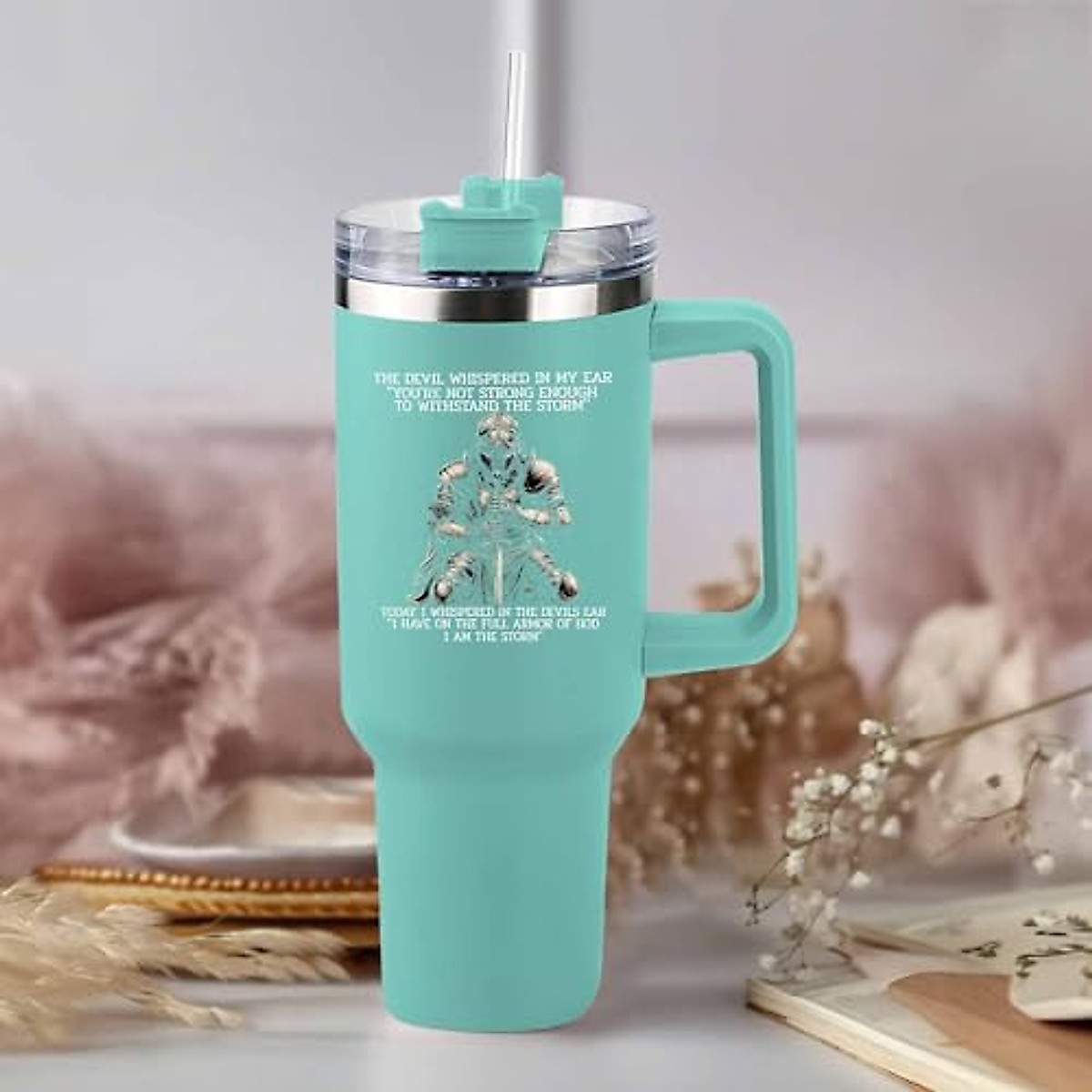 40 ounce insulated cup with handle, double-layer vacuum stainless steel material, equipped with straw, can keep warm or maintain cold drinks Hand Painted Alphabet Samurai Lake Green