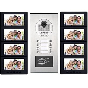 AMOCAM 8 Units Apartment Intercom System, Video Intercom Video Door Phone Kit, HD Camera 7" Monitor with ID keyfobs Unlock for 8 Household or Office