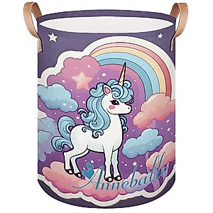 Custom Name Large Laundry Basket Cute Rainbow Unicorn Personalized Collapsible Waterproof Laundry Hamper Dirty Clothes Toys Storage Bin with Handles