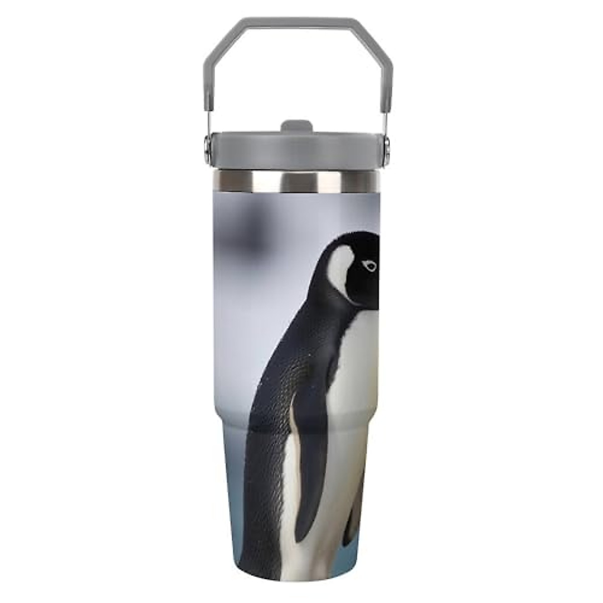 30oz Stainless Steel Insulated Tumbler with Flip Lid & Straw, Leakproof Travel Mug for Car, I Love Penguins Double Wall Vacuum Thermal Coffee Cup with Handle, Spill-Proof Design for Hot/Cold Drinks