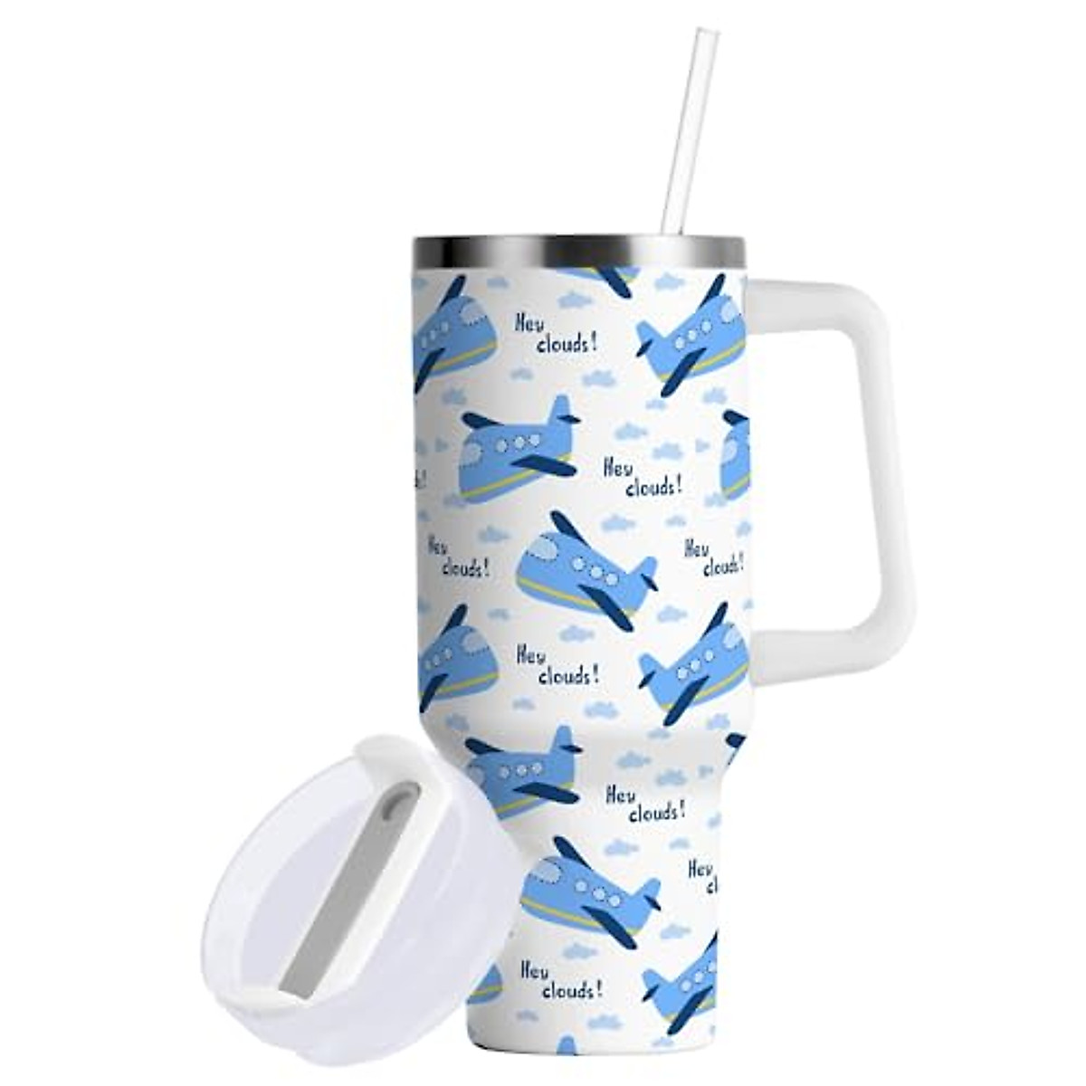 ARGTILDN 40 oz Tumbler Aircraft Airplane Blue Insulated Travel Mug with Handle and Straw Lid Stainless Steel Vacuum Coffee Cup Tea Beverage Container Water Bottles for Car Sports office