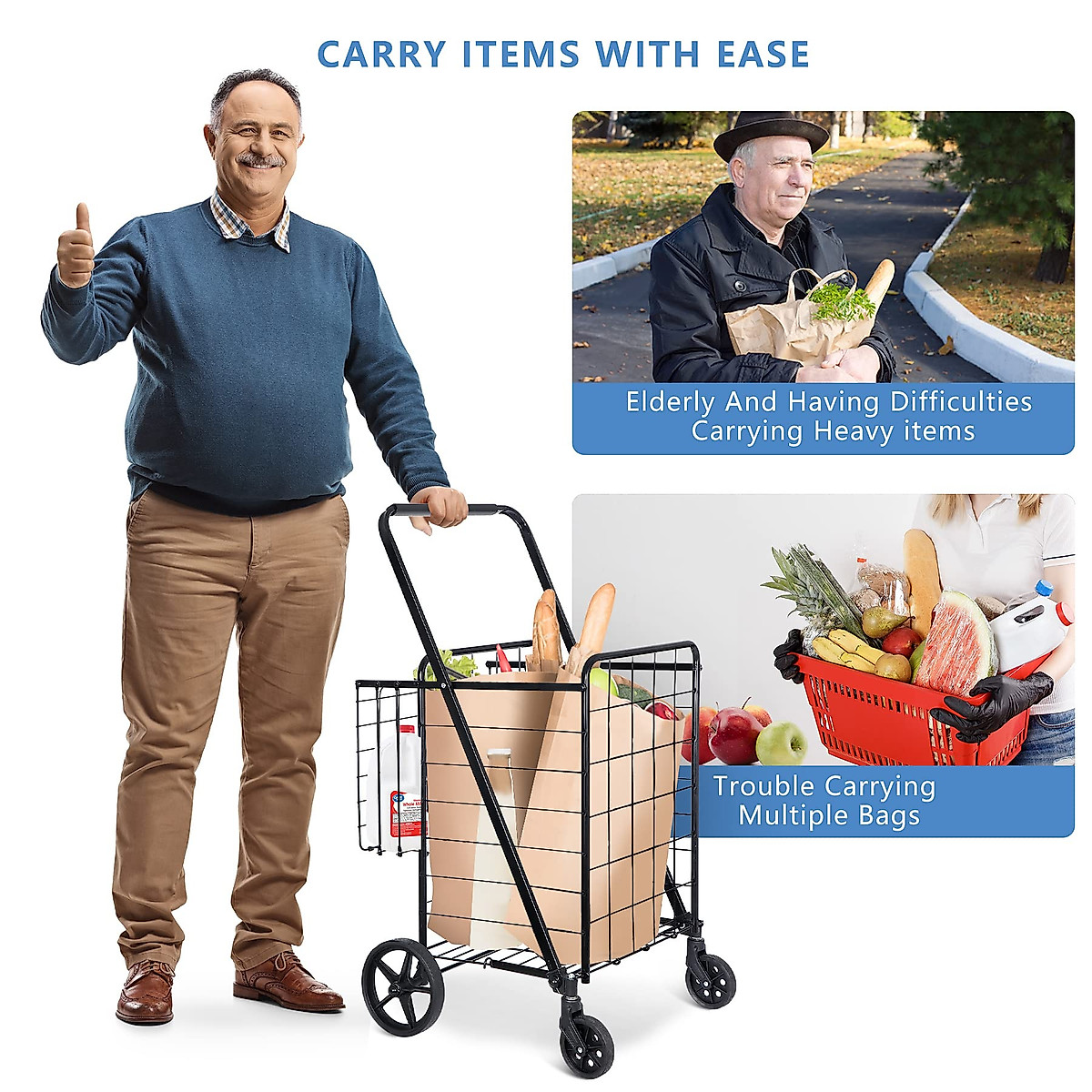 F2C Folding Shopping Cart with Wheels and Double Basket, Grocery Utility Cart Ground Rolling Cart,Collapsible Portable Cart,Compact for Shopping Laundry,Garden, Grocery,Travel, Black¡­