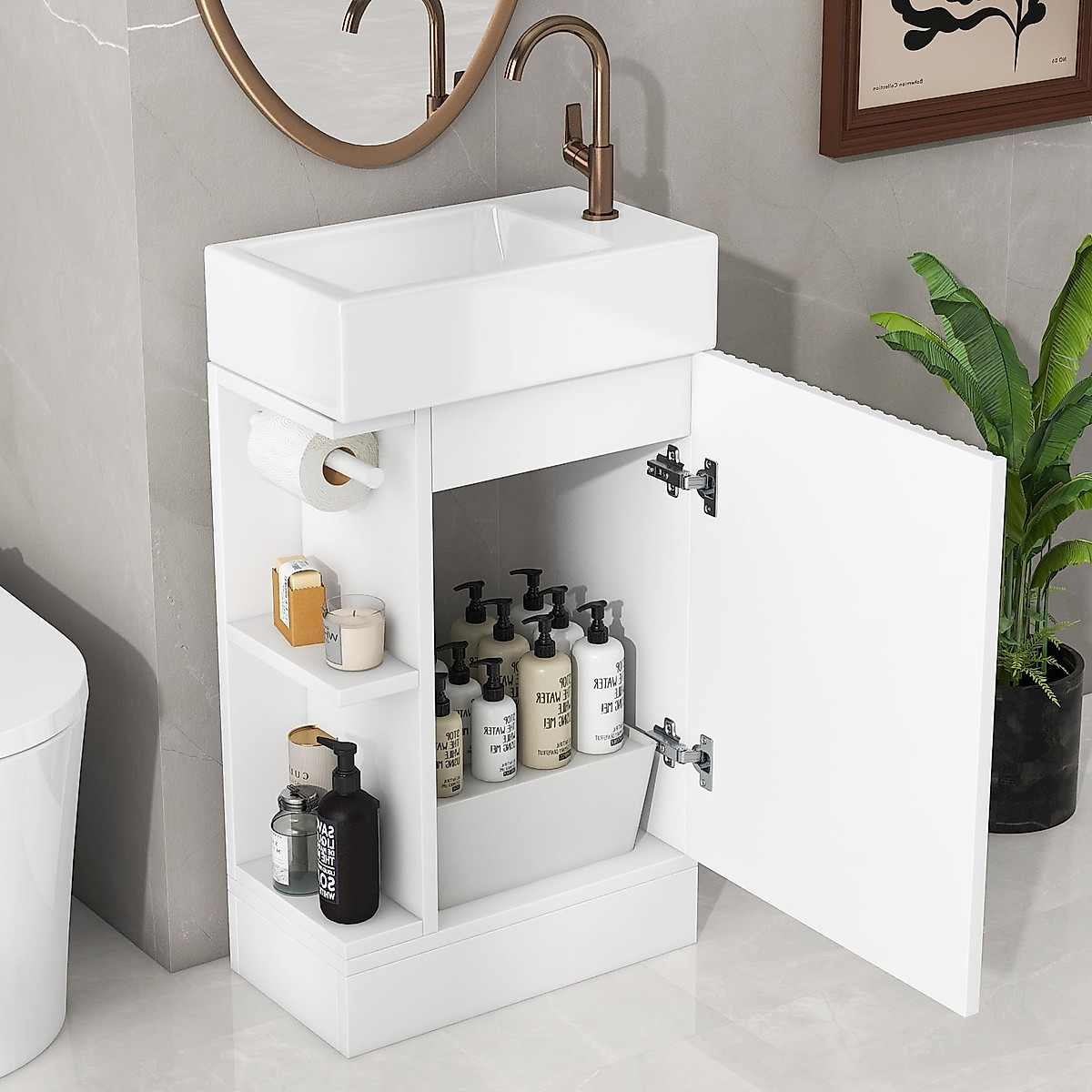 Beardslee 18.6" Bathroom Vanity, Small Narrow Bath Vanity with Sink Combo, Bathroom Vanity Cabinet with Two-Tier Shelf, Left or Right Orientation, White Ceramic Vessel Sink for Small Space