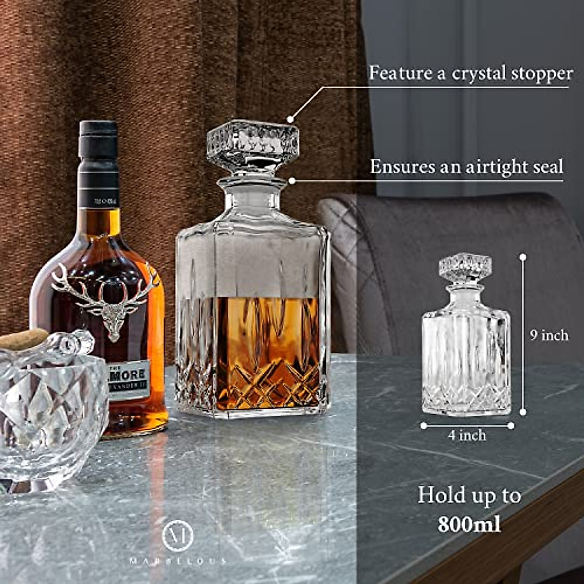 Glass Whiskey Decanter Set Of 2, 800ml Liquor Decanter with Airtight Stopper for Scotch, Liquor, Bourbon, Wine, Mouthwash, Decorative Gift