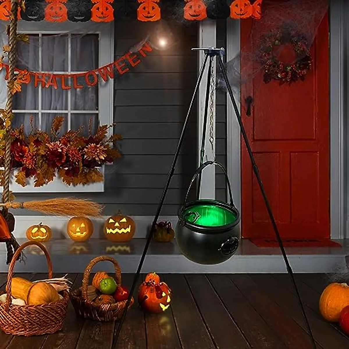 Sarkoyar Halloween Decor Outdoor,Witches Cauldron on Tripod with Green Light,Black Plastic Bowl Decor,Hocus Pocus Candy Bucket Decor for Home Patio Garden Lawn Outside Black