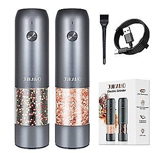 JUKAMO Automatic USB Electric Salt and Pepper Grinder Set, Rechargeable Salt and Pepper Shakers Light up Large Capacity SKY Grey
