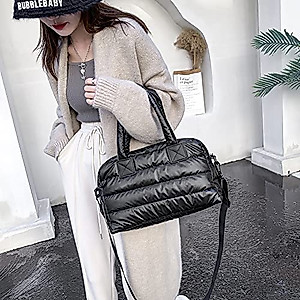 AZURAOKEY Puffer Tote Bag for Women, Quilted Cotton Padded Designer Handbag, Winter Down Padded Shoulder Bag with Adjustable Strap-Black