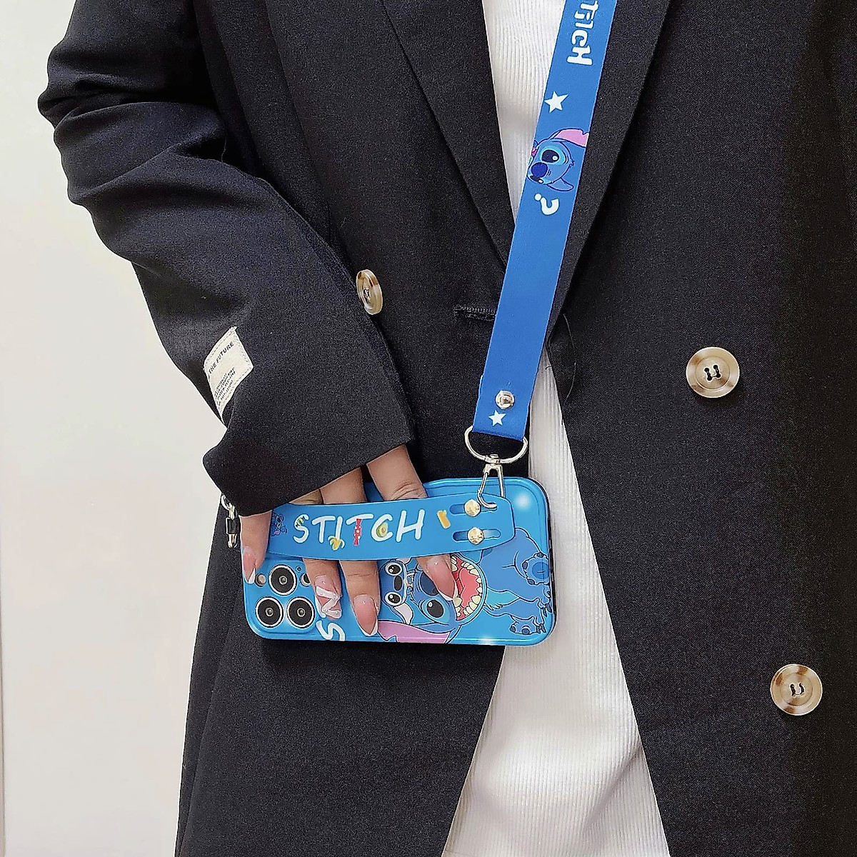 Hosiss Cartoon Case for iPhone 13 6.1'' with HD Screen Protector, Stitch Upgraded Wrist Strap Band Adjustable Lanyard TPU Shockproof Protective Phone Case for Women Girls