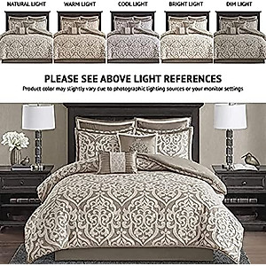 Madison Park Odette Cozy Comforter Set Jacquard Damask Medallion Design - Modern All Season, Down Alternative Bedding, Shams, Decorative Pillow, King(104 in x 92 in), Tan 8 Piece