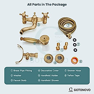 gotonovo Wall Bathtub Faucet Set with HandHeld Shower Spray Antique brass Double Cross Handle 2 Functions Wall Mount 360 Swivel Mixer Tub Filler Spout Vintage Bathroom
