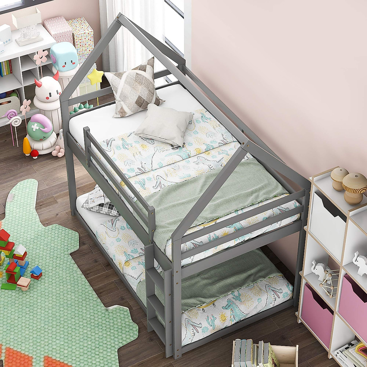 Wooden House Bunk Bed, Twin Over Twin House Bunk Bed with Ladder, Girls Boys House Bunk Bed Frame, Floor Twin Toddler Bunk Bed Twin Size for Kids, Teens, Grey