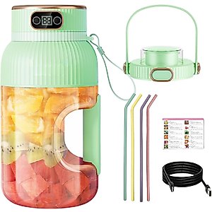 Multifunctional Portable Juicer Cup with Digital Display， Fruit Mixers Juicers Electric Juicer, Wireless Portable Blender Rechargeable for Shakes and Smoothies (Single bottle with two caps, Green)