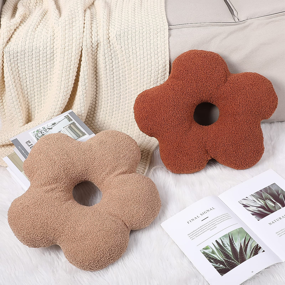2 Pcs Flower Shaped Throw Pillow 17.7 Inch Flower Pillows Nordic Style Decorative Throw Pillows Cute Flower Floor Cushion with Soft Plush for Couch, Bed, Living Room, Office Decor (Khaki, Brown)