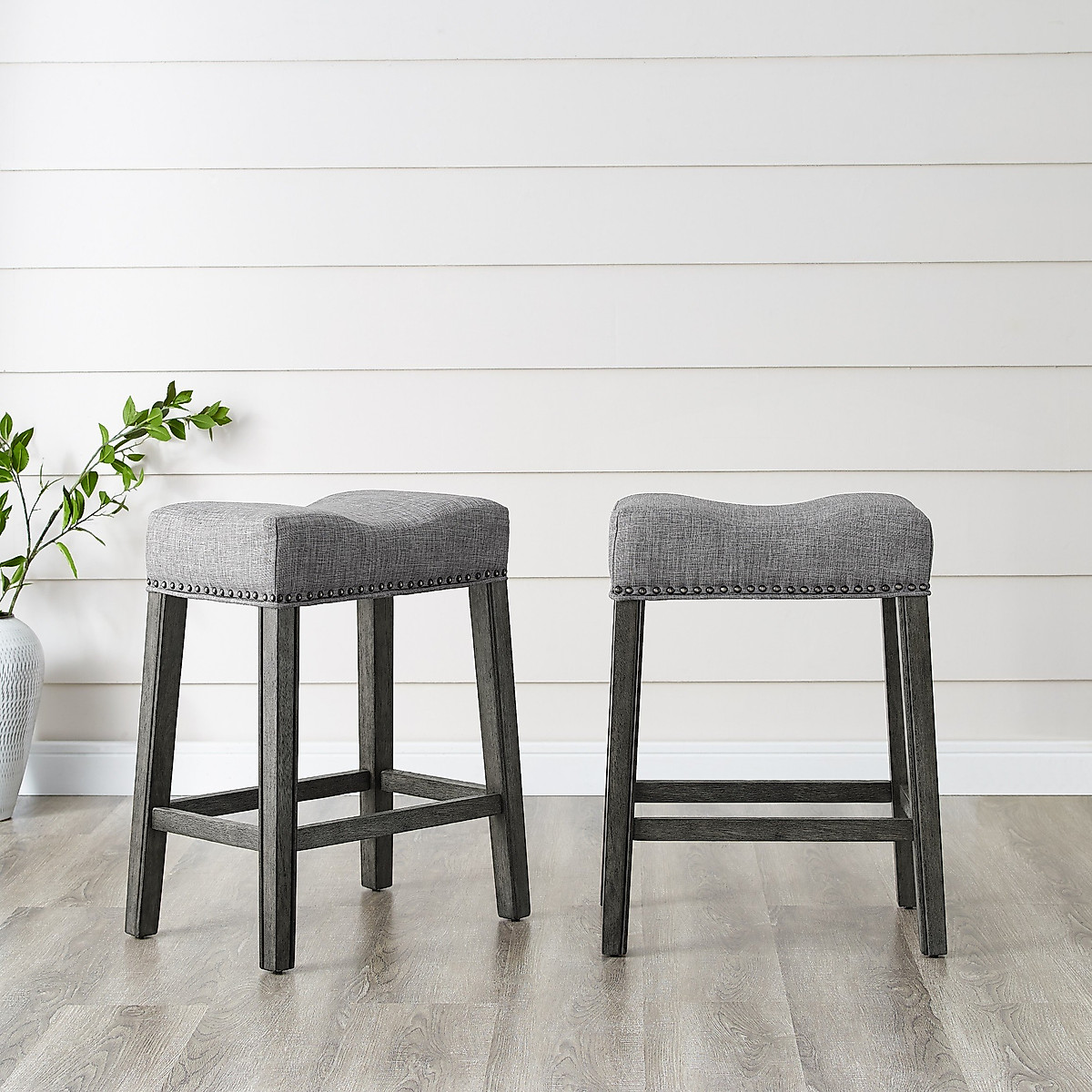 Roundhill Furniture Coco Upholstered Backless Saddle Seat Counter Stools 25.5" Height, Set of 2, Gray