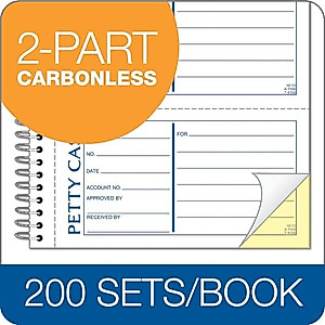 TOPS Spiral Petty Cash Receipt Book, 2-Part, Carbonless, 4 Messages per Page, 200 Sets per Book (4109)