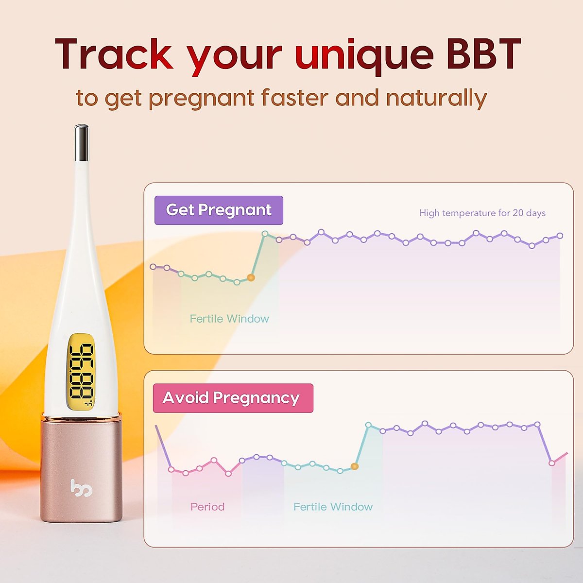 Femometer Smart Basal Thermometer, Intelligent BBT Thermometer with Bluetooth and Backlight, Fertility Monitor Period Tracker, Sync with Femometer APP, Gold