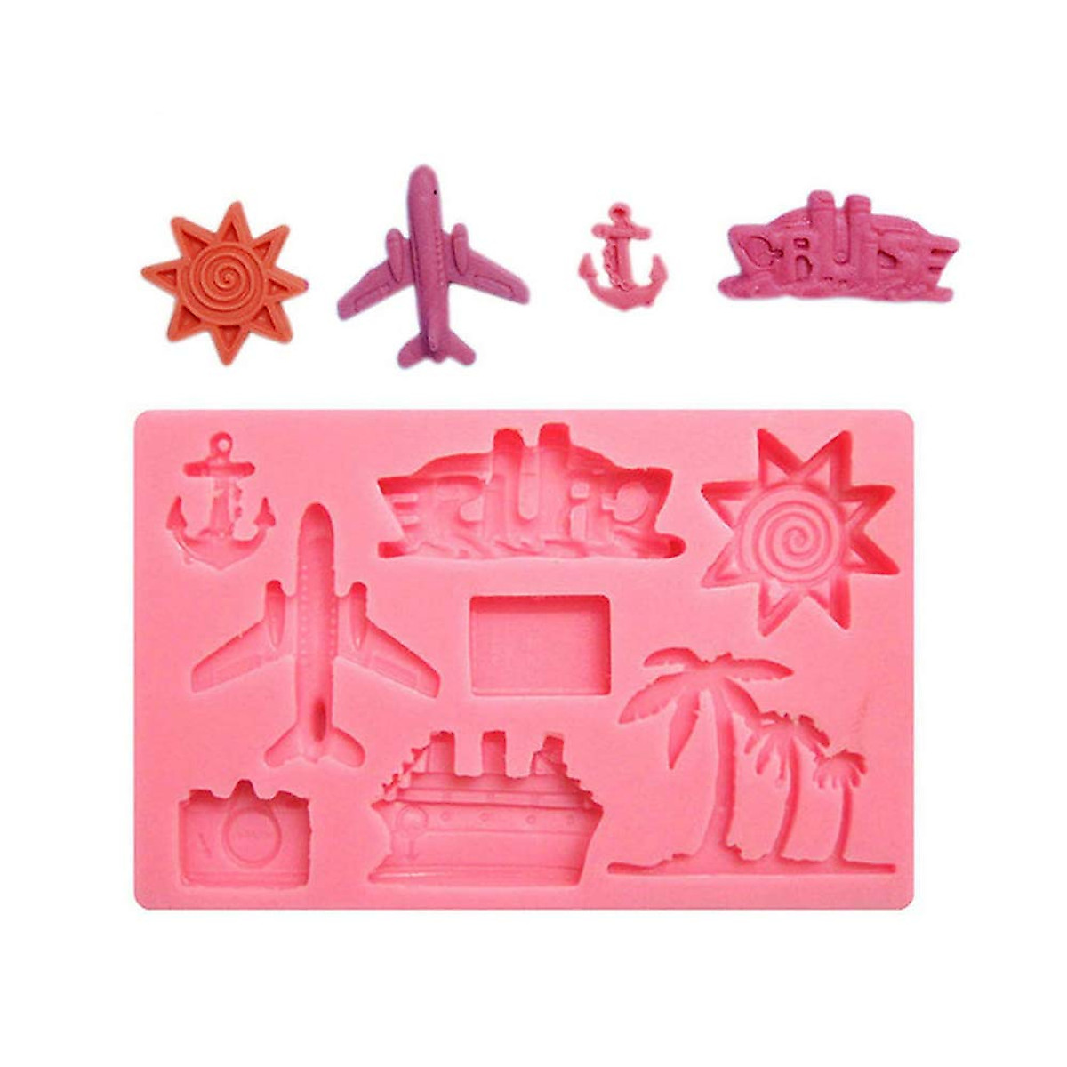 2Pcs/Set Summer Vocation Travel Fondant Molds, Seaside Holiday Silicone Mold for Cake Cupcake Decorating Polymer Clay Mould (Airplane Cruise Liner Camera Coconut Tree Sun Beach Slippers Swimsuit)