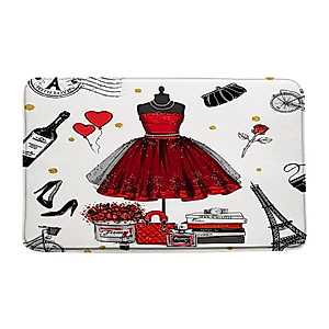 GURMQIK Red Dress Bath Mat Fashion Paris Makeup Heels Modern Girls Women Bathroom Decor Rug Microfiber Memory Foam