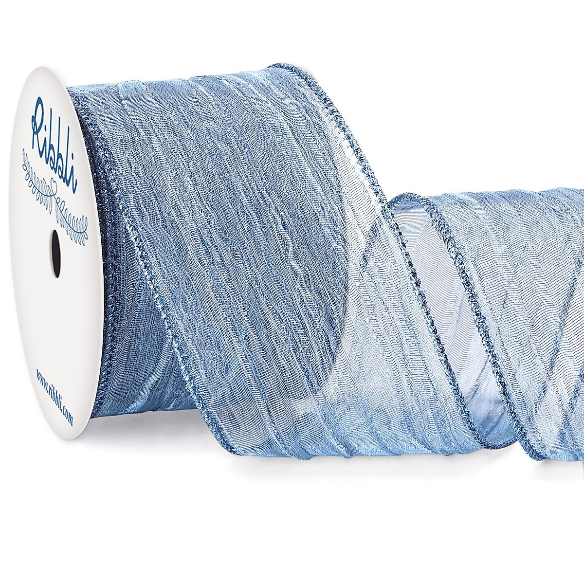 Ribbli Dusty Blue Crinkled Wired Ribbon 2.5 Inch with Metallic Wavy Christmas Ribbon for Cristmas Tree Topper Bow Wreaths Swags Gift Wrapping Wedding Decoration-Countinuous 10 Yard