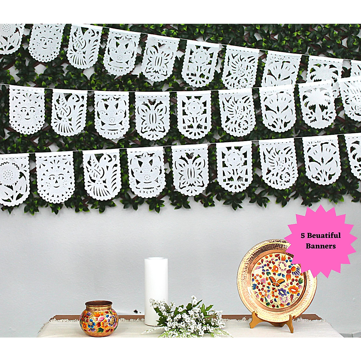Mini white banners, 5 Pack Papel Picado Mini flag garlands, Fiesta decoration, Cinco de Mayo, Mexican Wedding, Taco Tuesday Features butterflies, flowers, suns and cactus.