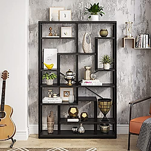 Tribesigns Black Bookshelf 47” Bookcase 9 Tier Tall Book Shelf Rustic Geometric Bookcase Display Shelf Organizer with Open Storage Shelf for Living Room, Industrial Wood Metal Bookshelf for Office