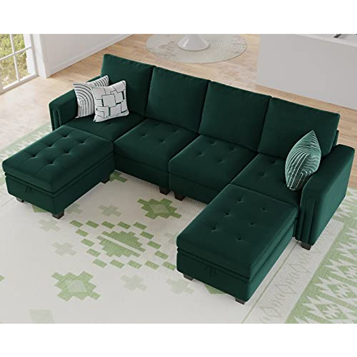 Belffin Velvet U Shaped Sectional Sofa Couch with Storage Ottoman Convertibel Sectional Sofa with Reversible Chaises Green