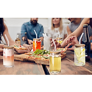 Altfun Drinking Glasses with Bamboo Lids,Glass Straw and Coaster 4pcs-16oz Can Shaped Glass Cups,Beer Glasses,Iced Coffee Glasses,Cute Tumbler Cup,Ideal for Cocktail,Whiskey,Gift-2 Cleaning Brushes