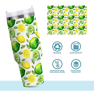KEEPREAL 40 oz Lime Lemon Tumbler with Handle, Insulated Sports Water Bottle with Lid and Straw, Thermal Stainless Steel Travel Coffee Mug Cup #495