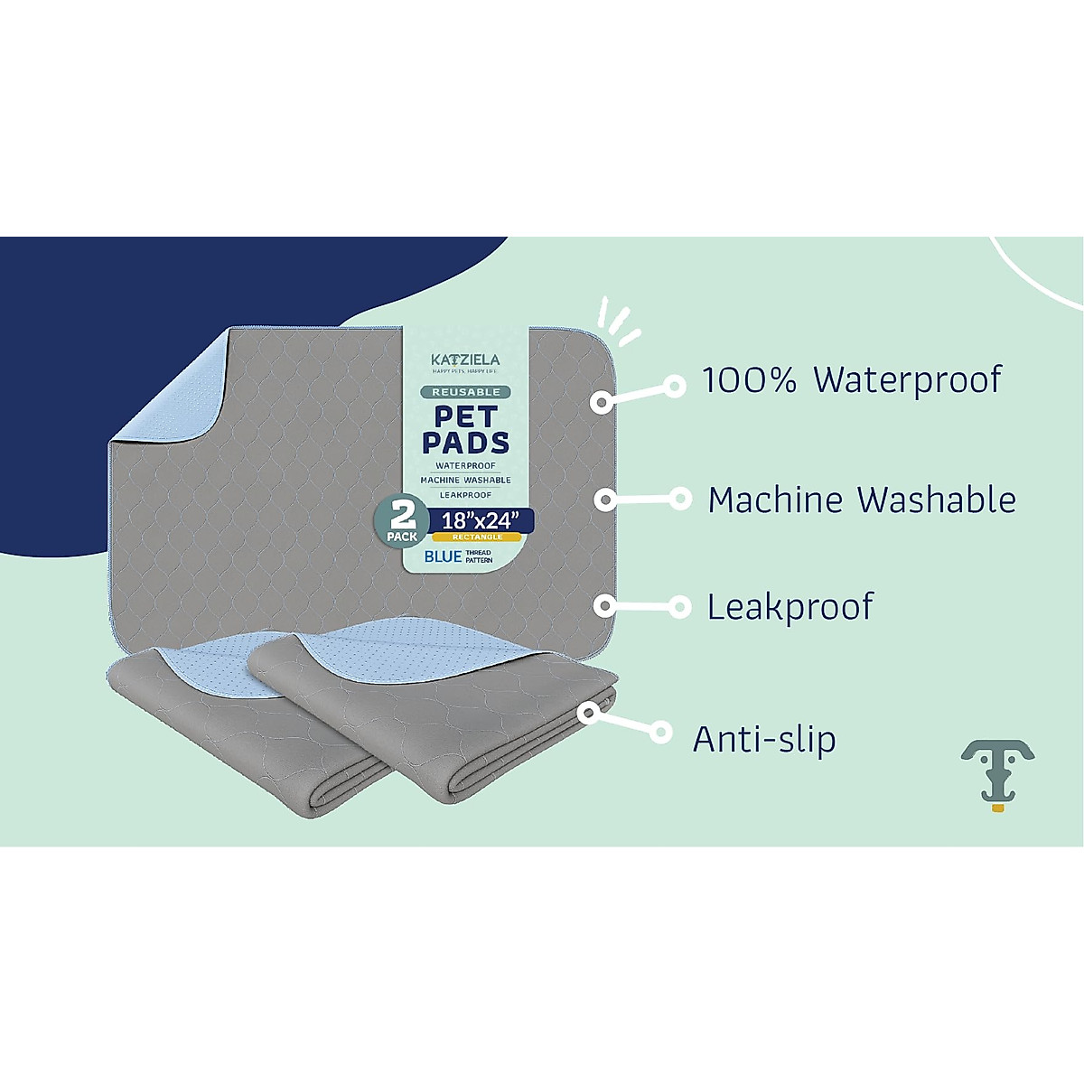 Katziela Washable Pet Pads (2 Pack 18in x 24in) Super Absorbent Waterproof Reusable Dog Pee Pads for Dogs Washable Puppy Pads for Potty Training Housebreaking Washable Pee Pads for Dogs Blue Stitching