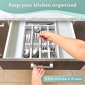 Joequality Silverware Organizer with Icons，Plastic Cutlery silverware Tray for Drawer，Utensil Flatware Tableware Organizer for Kitchen with Non-slip TPR,Fits Standard Drawer,5-Compartment，Grey