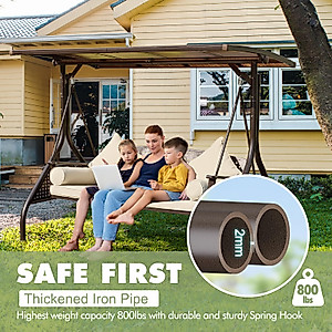 Yalissey 3-Seat Patio Porch Swing with Adjustable Hardtop,3 in 1 Convertible Outdoor Porch Swing for Adults,Patio Swing with Thicken Cushions,Pillows & Cup-Holders for Porch,Backyard,Garden (Beige)