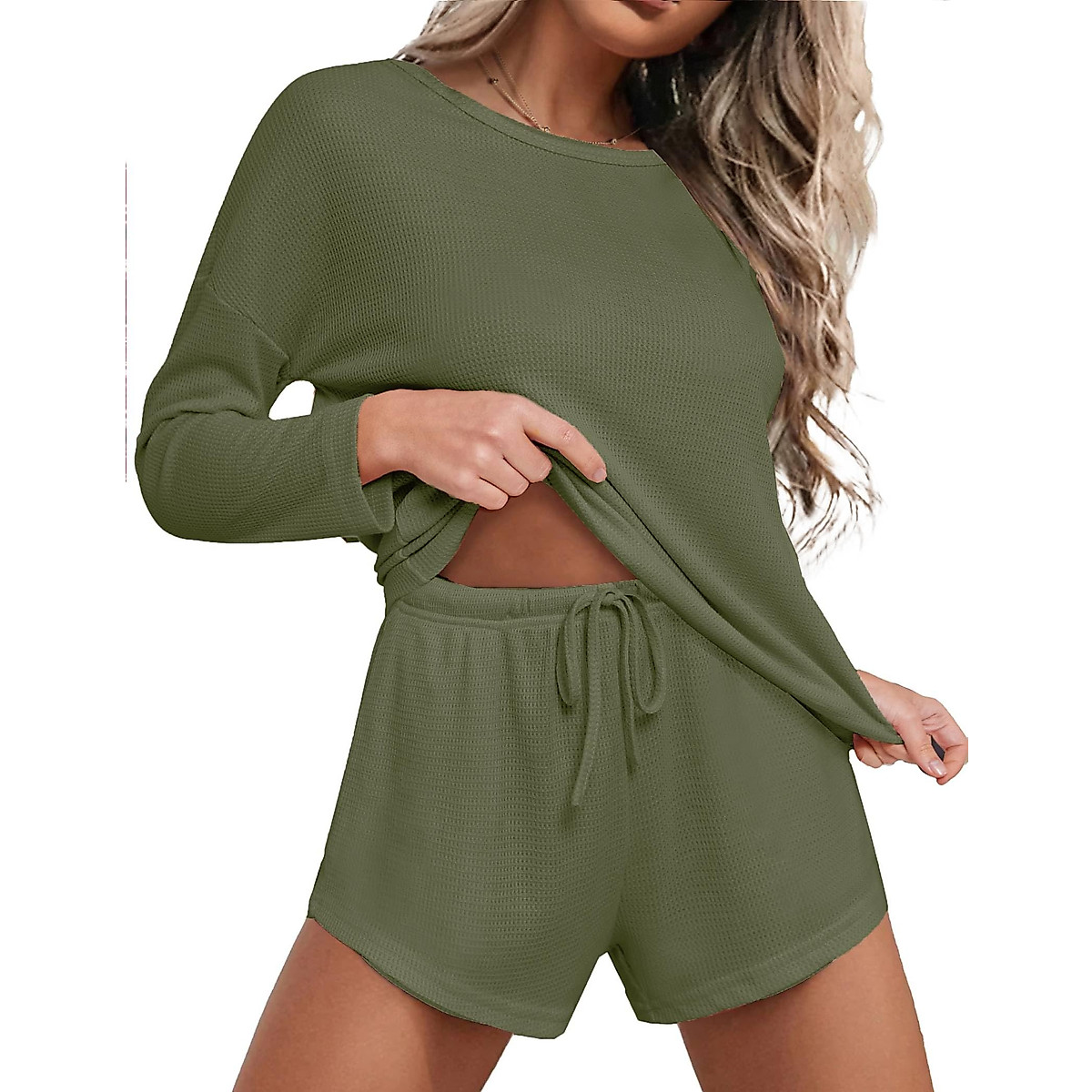 Ekouaer Womens Waffle Knit Pajama Sets Long Sleeve Top and Shorts Matching Lounge Set Sleepwear Loungewear Sweatsuit with Pockets Army Green Medium