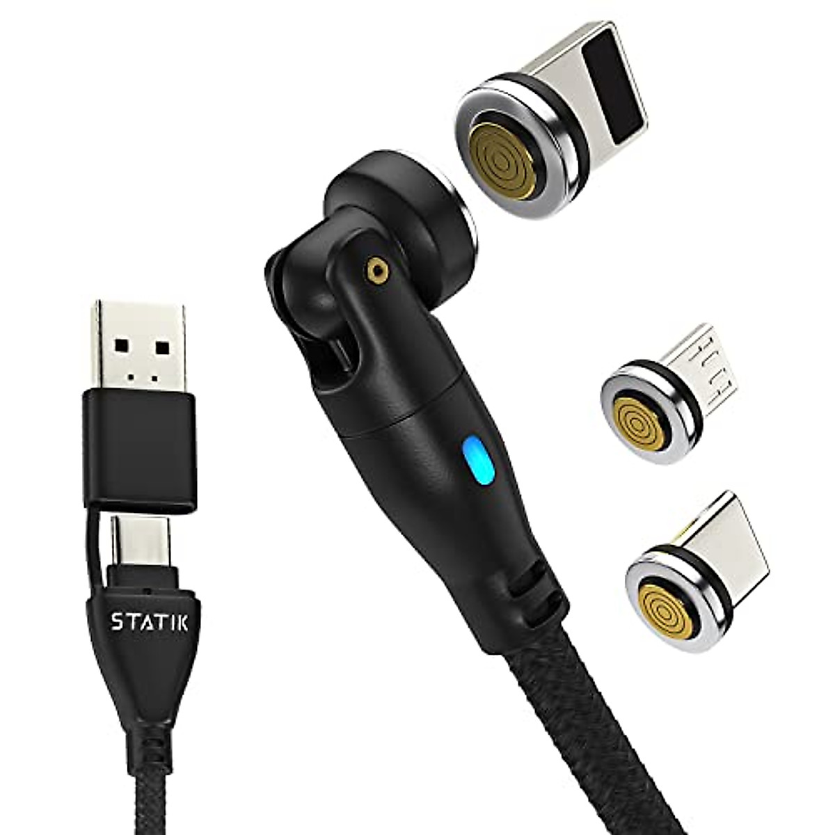 Statik 360 Pro Magnetic Charging Cable 100W Fast Charge Type C and Micro USB Magnet Connectors, 100 W Magnetic Charge Cable 6ft/2m, Data Transfer Capable, Compatible with All Devices
