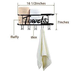 Towel Rack Wall Mounted - Rolled Towel Holder with 5 Towel Hooks, Organizer Bath Sheet and Hanging Towel - DELITON Black Bathroom Decor Storage Series