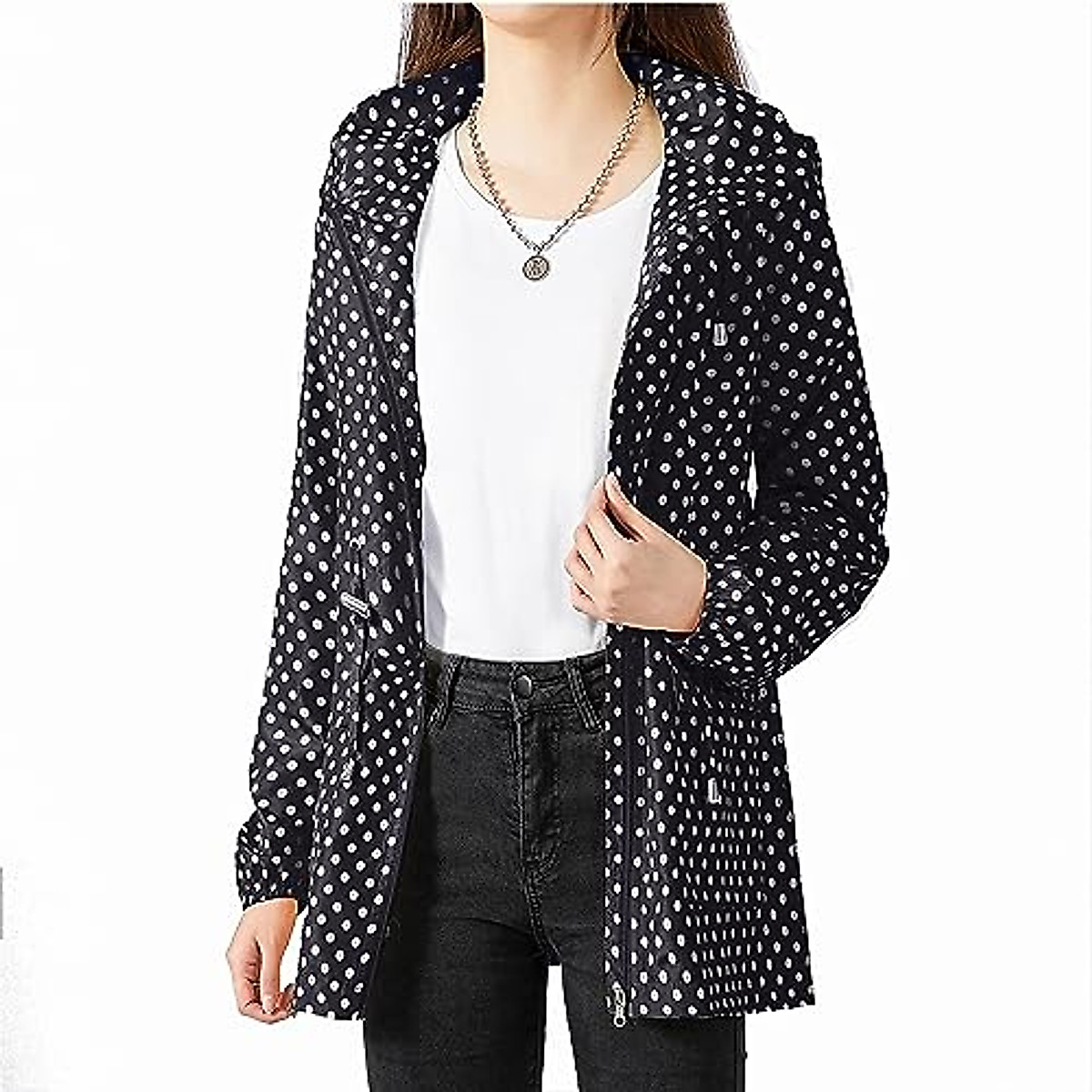 YEABEDA Women-Rain Jacket-Hood Waterproof-Lightweight Windbreak-Packable — Cute RainCoats Travel Polka Dot Ladies With Pouch (3X-Large, black Polka Dot)