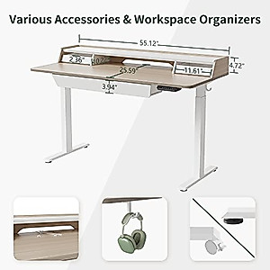 FEZIBO Standing Desk Adjustable Height with Drawers, 55 x 25 Inch Stand Up Desk with Storage Shelf, Electric Standing Desk with Storage Space, Light Walnut Top/White Frame
