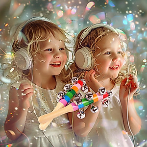 2 Pack Vivid Color Rainbow Handle Wooden Bells Jingle Stick Shaker Rattle 10 Jingle Bells Baby Kids Children Musical Toys