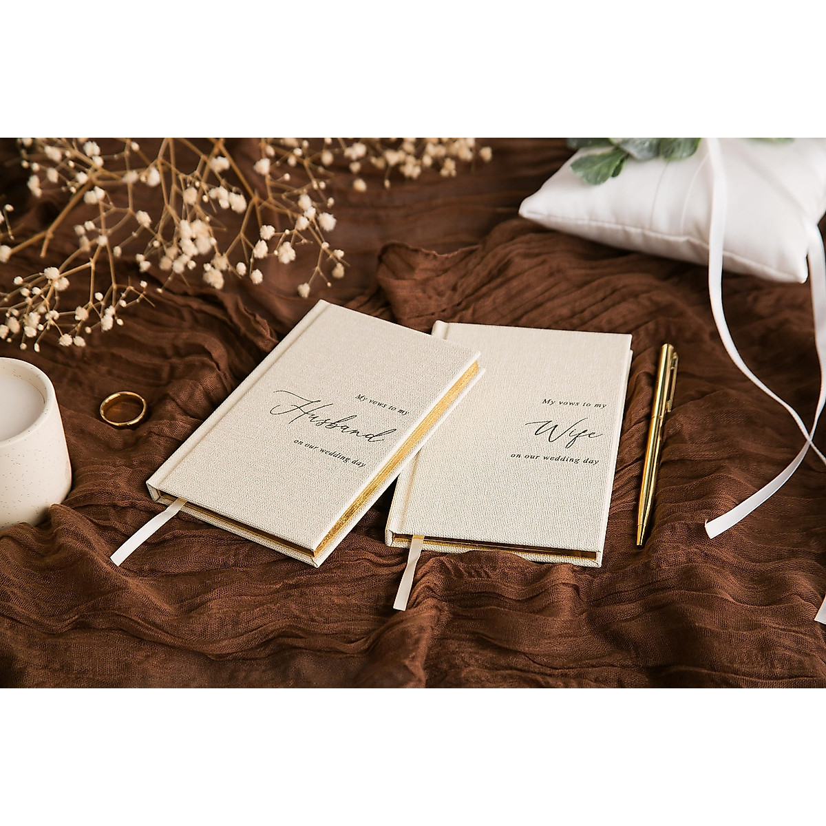 MUUJEE Hard Cover Vow Books (Set of 2) - Cream Canvas Linen Foil Embossed Wedding Ceremony Vow Renewal Speech Books, Couple Gifts for Engagement (To My Husband/Wife)