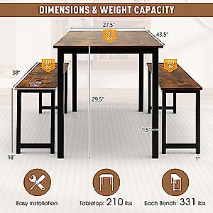 NAFORT 3-Piece Dining Table Set for 4, Kitchen Table with 2 Benches, 43.5’’ Space Saving Dining Room Table with Metal Frame & Solid MDF Wood Board, Ideal for Home, Restaurant, Patio Outdoor